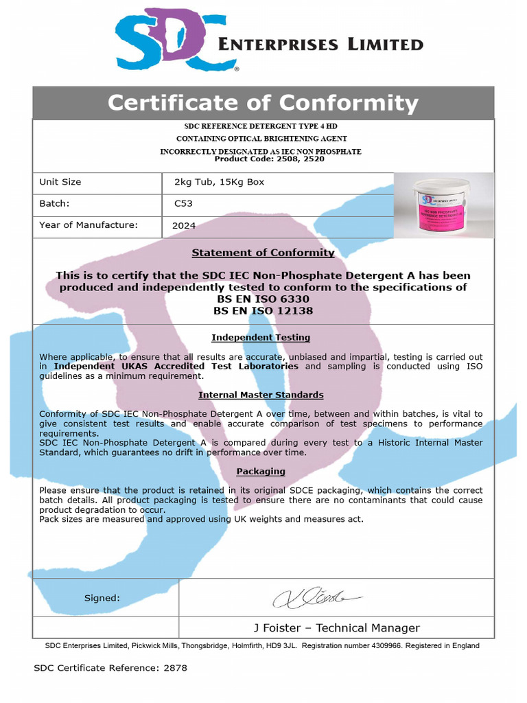 Certificate of Conformity for SDC Detergent | PDF
