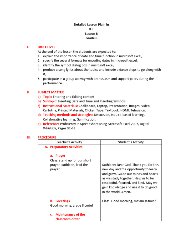Excel Date, Time & Symbols Lesson Plan | PDF | Microsoft Excel ...