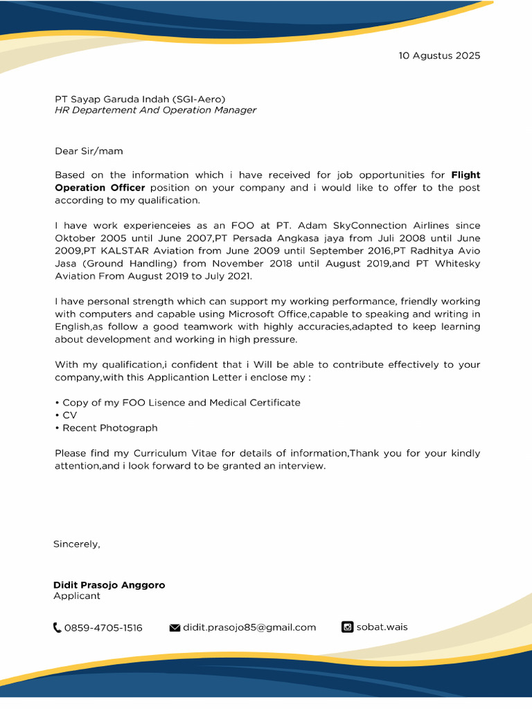 Applicantion Letter FOO SGI Didit Prasojo Anggoro | PDF