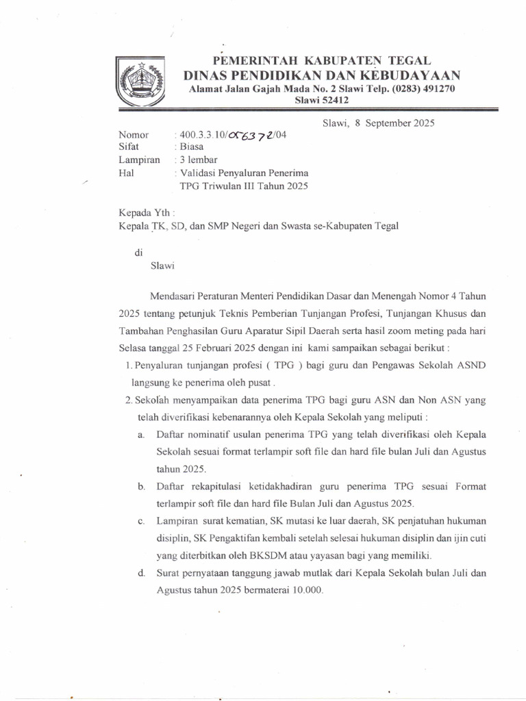 Validasi Penyaluran Penerima TPG TW Iii Tahun 2025 + Lampiran | PDF