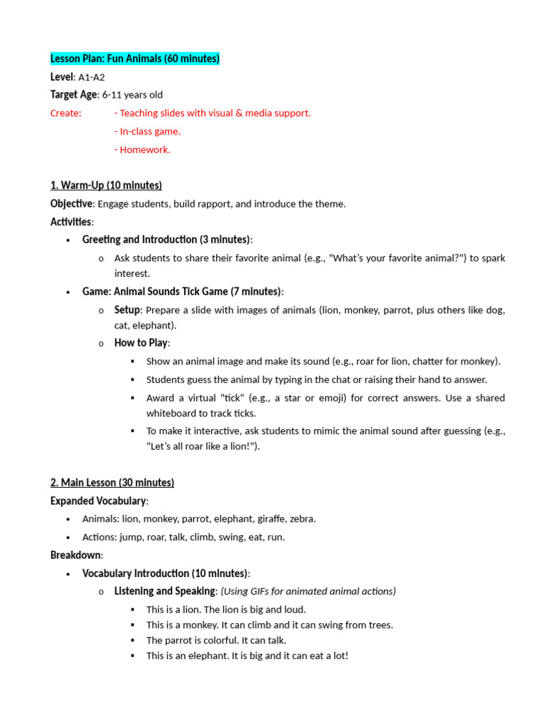 Engaging A1-A2 Lesson Plan on Animals | PDF