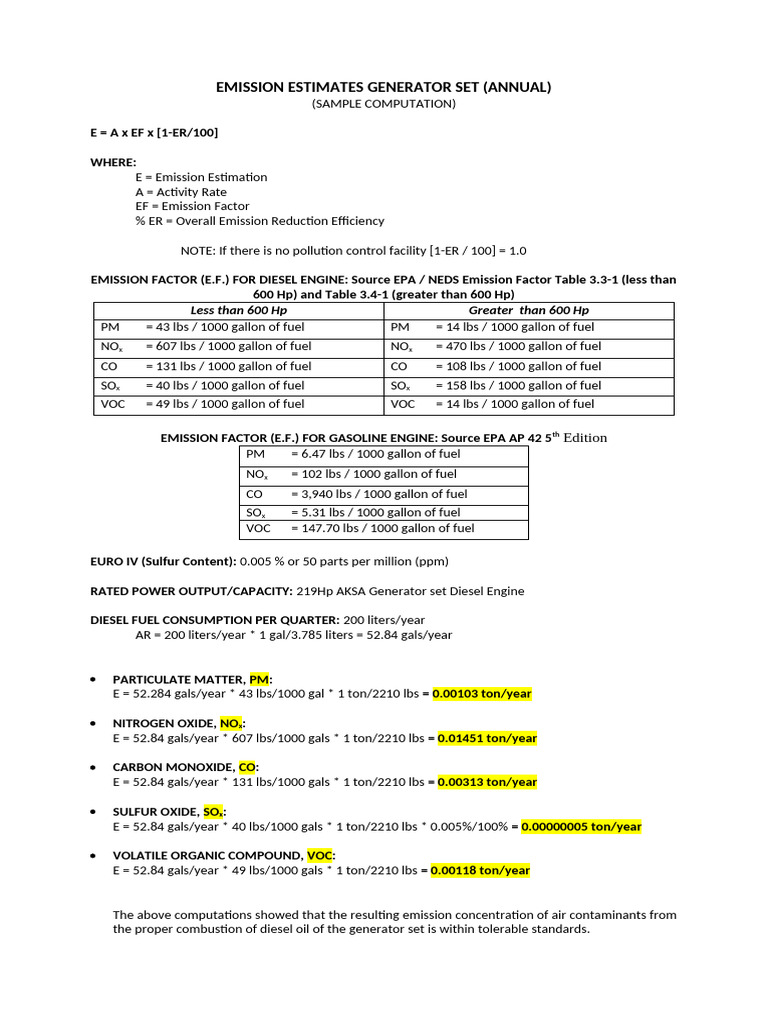 Diesel Generator Emission Estimates Guide | PDF | Exhaust Gas | N Ox