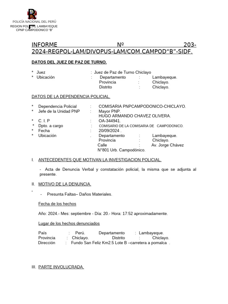 Informe Policial - Irma Maria Luisa Cordova de Silva | PDF