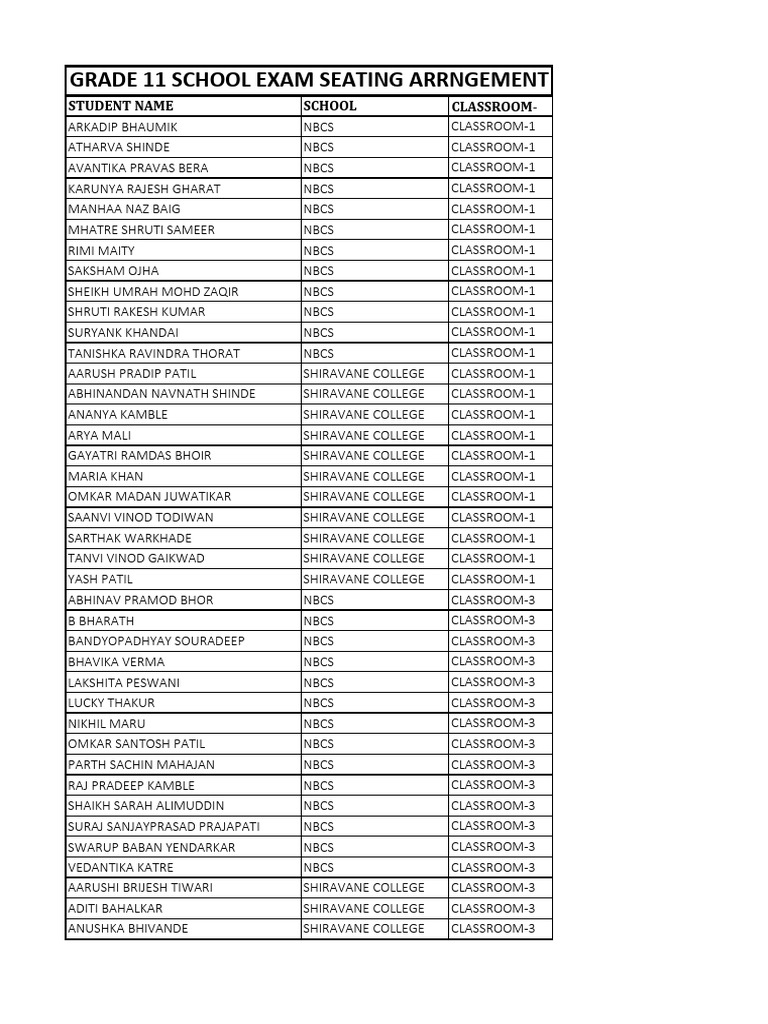 Grade 11 School Exam Seating Arrngement: Student Name School Classroom ...
