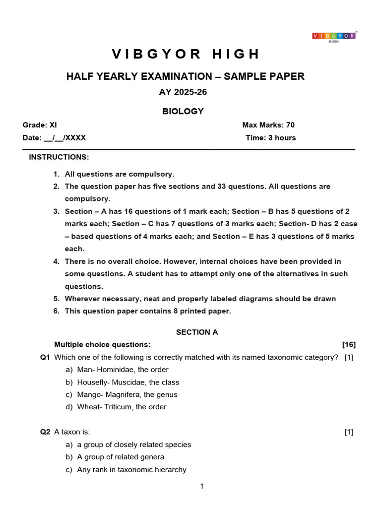 Biology Sample Paper for Grade XI Exam | PDF | Chloroplast | Photosynthesis