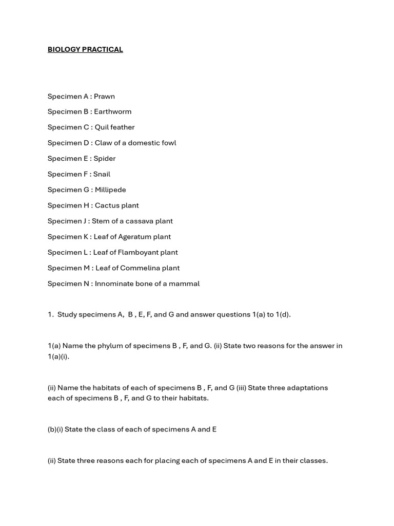 2025 WASSCE Biology Practical Specimens | PDF | Zoology | Biology