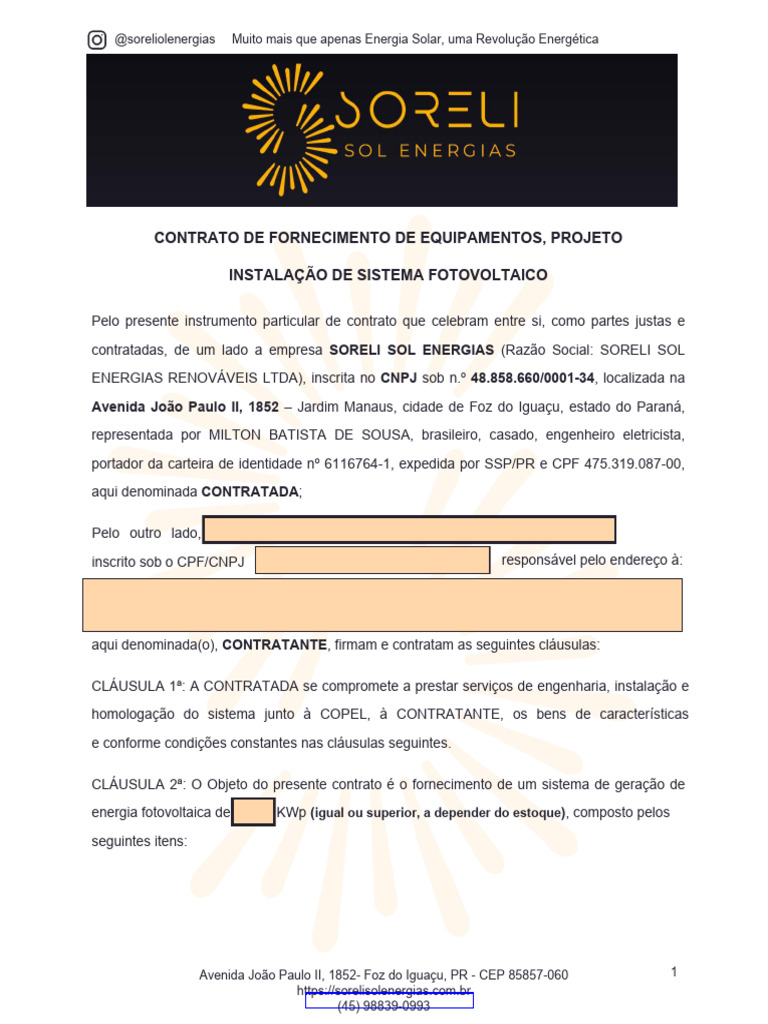 Contrato Soreli Sol Energias - Modelo | PDF | Fotovoltaica | Painel solar