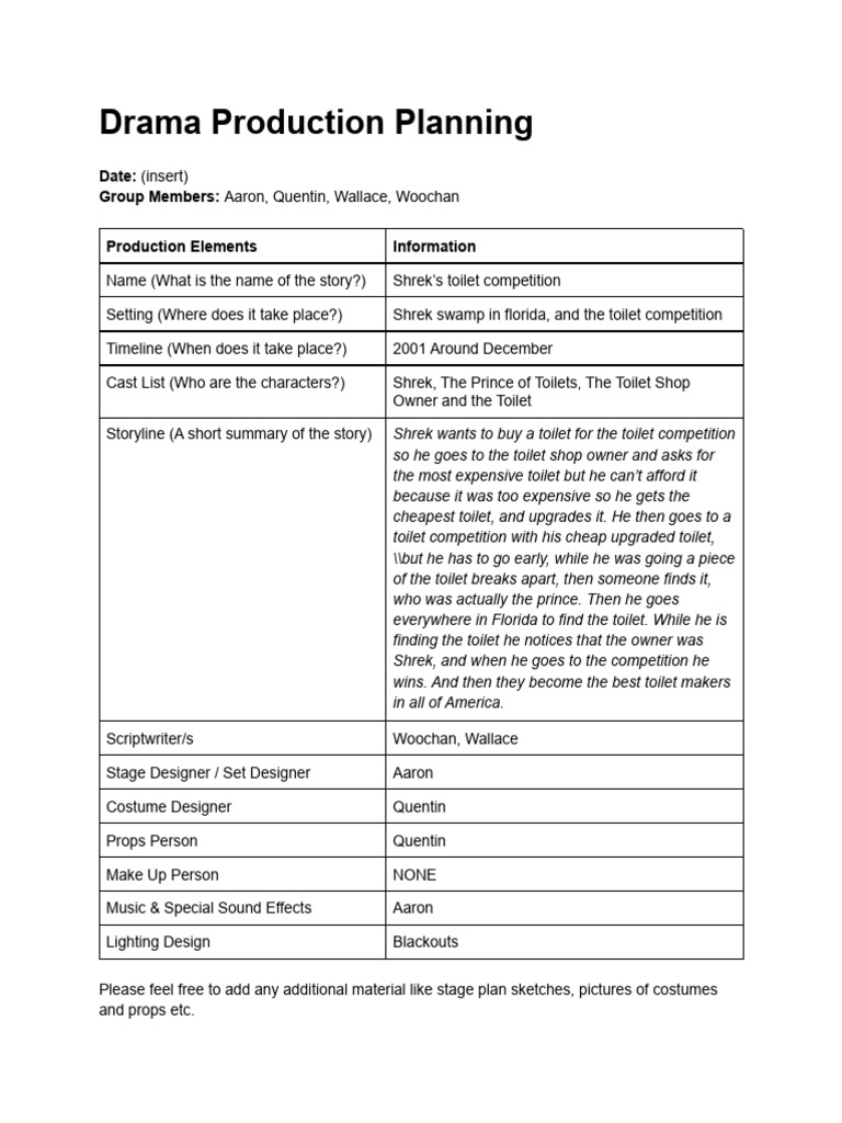 Drama Production Planning Document | PDF