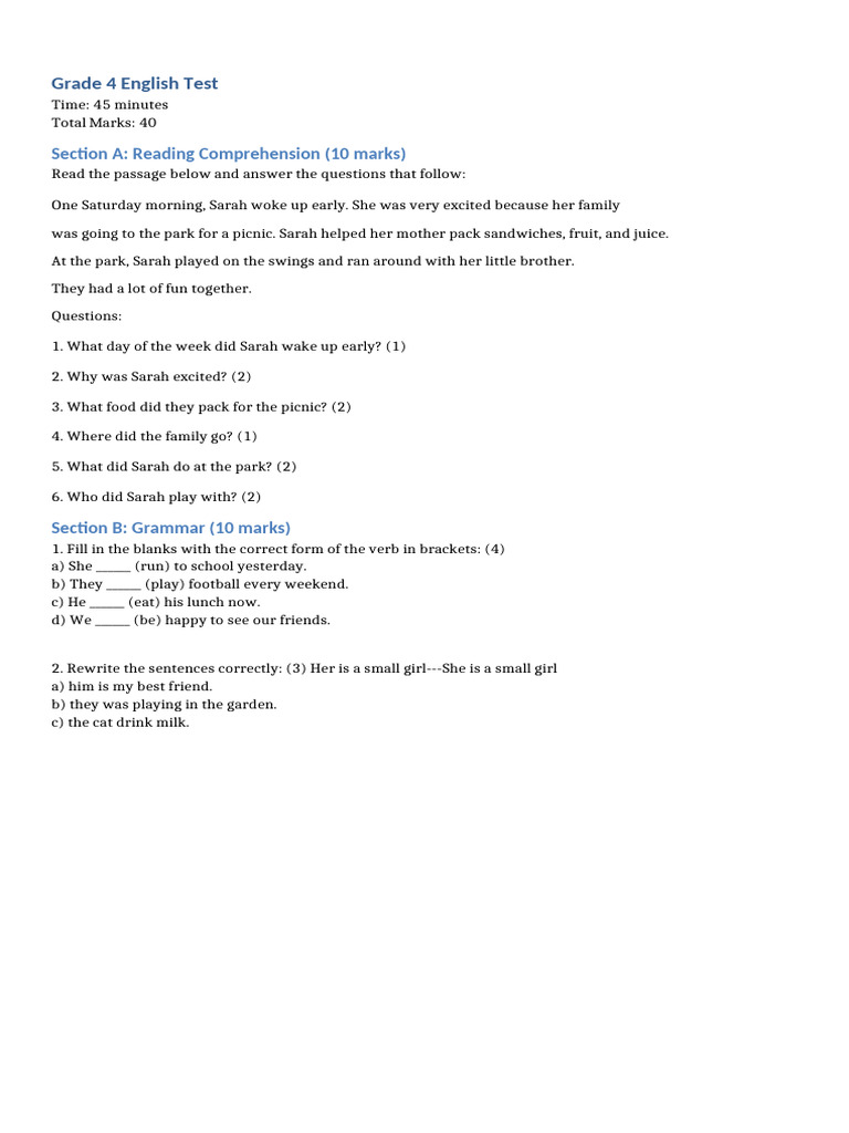 Grade 4 English Test: Reading & Grammar | PDF