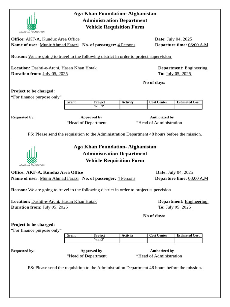 Vehicle Requisition Form - AKF Afghanistan | PDF