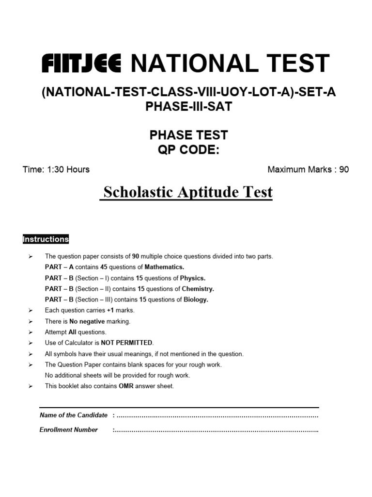 FIITJEE Class VIII National Test SAT | PDF | Combustion | Fires