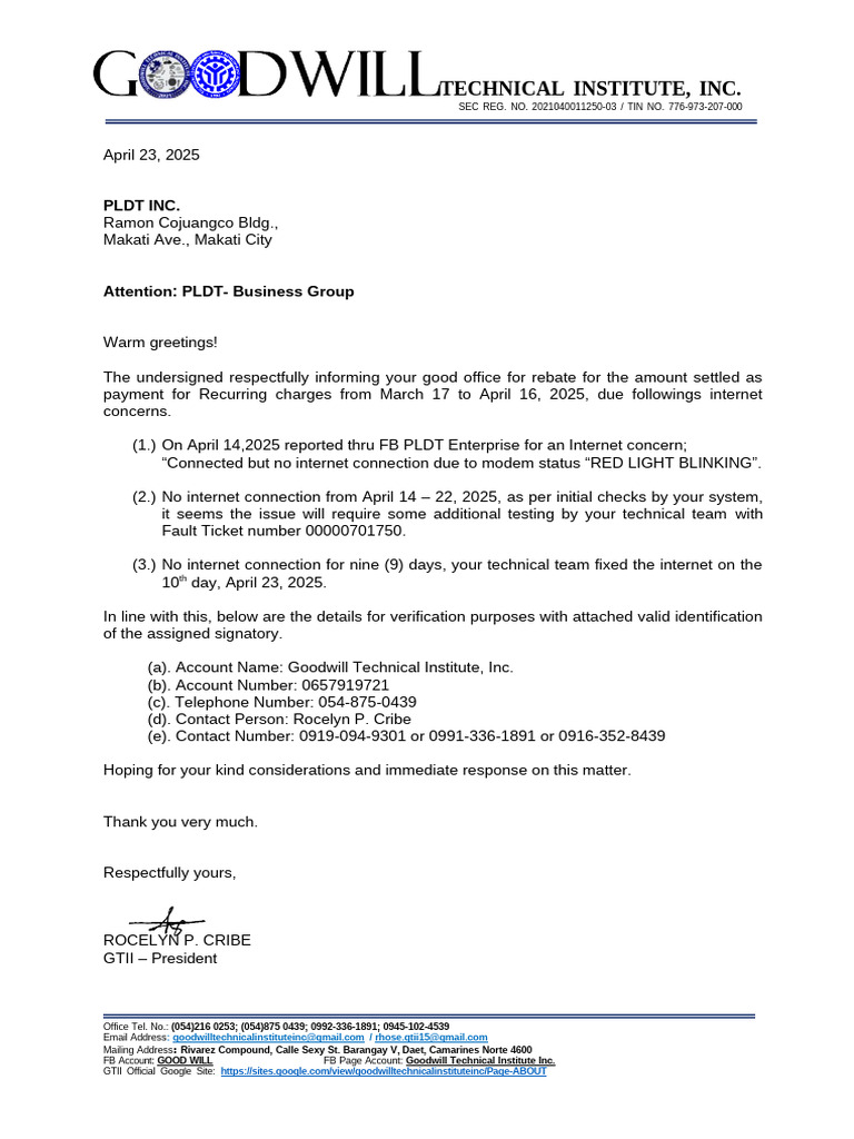 Letter For PLDT Rebate | PDF