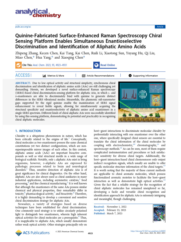 Quinine-Fabricated Surface-Enhanced Raman Spectroscopy Chiral Sensing ...