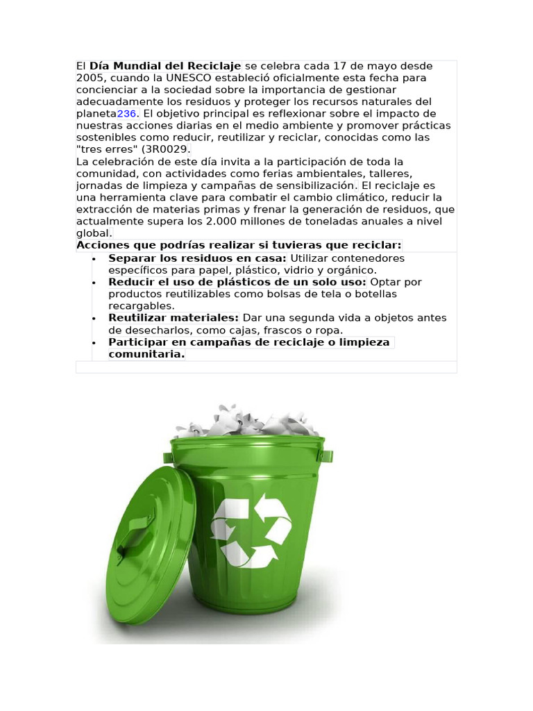 Día Mundial del Reciclaje: 3R y Acciones Clave | PDF