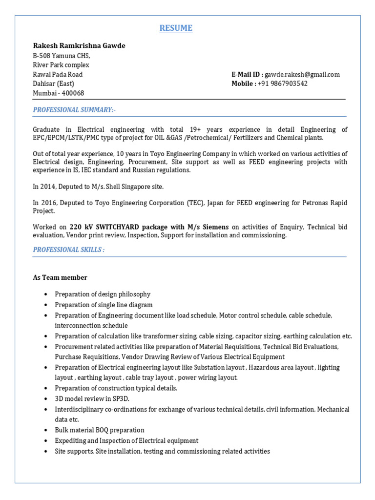 Rakesh Gawde Electrical Resume.. | PDF