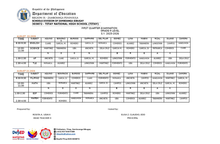 Grade 9 First Quarter Exam Schedule | PDF | Philippines | Spanish East ...