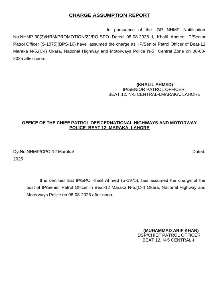 IP Khalil and Shahid Charge Assumption Report | PDF | Government Of Pakistan | Government