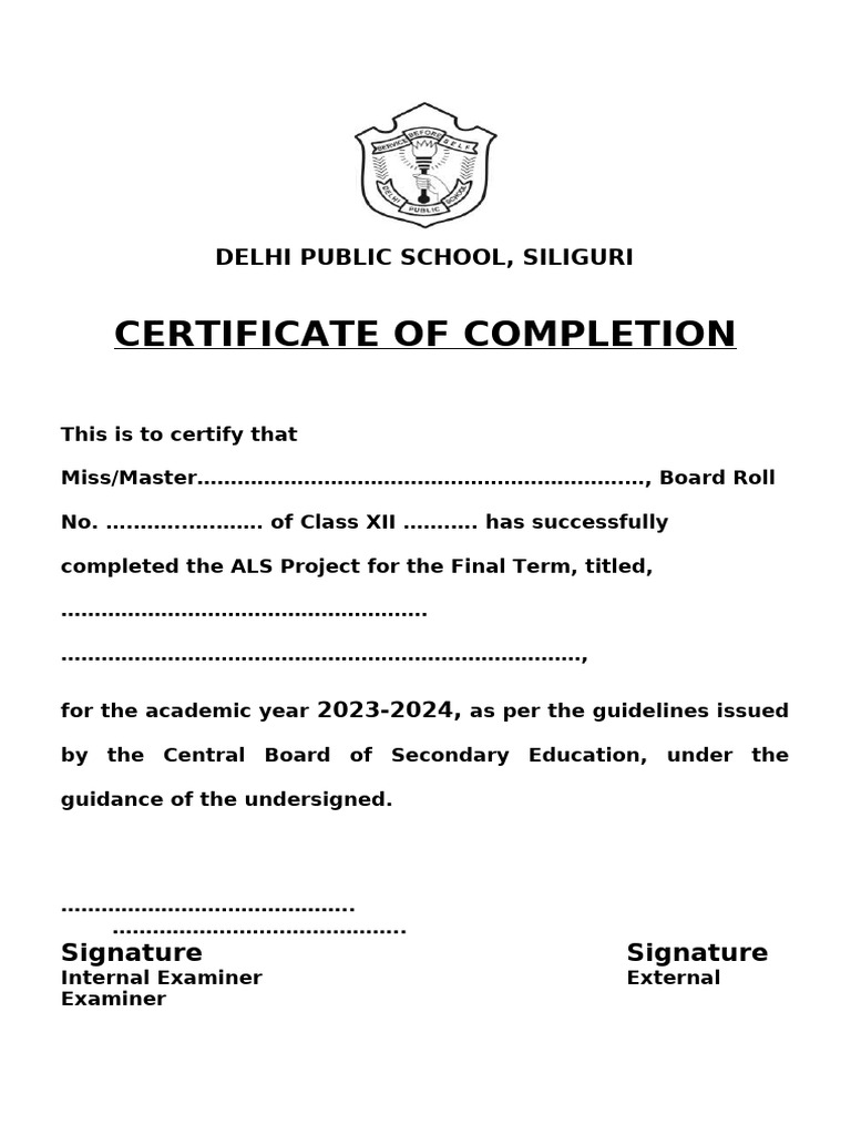 Class XII ALS Project Completion Certificate | PDF