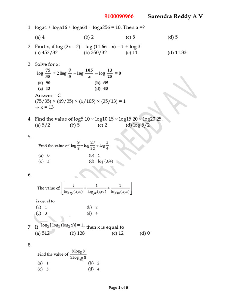 Logarithm Problems and Solutions | PDF