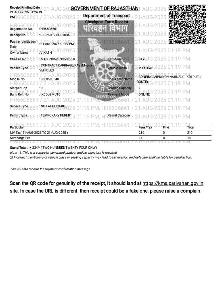 Rajasthan Checkpost Tax e-Receipt | PDF | Transport | Payments