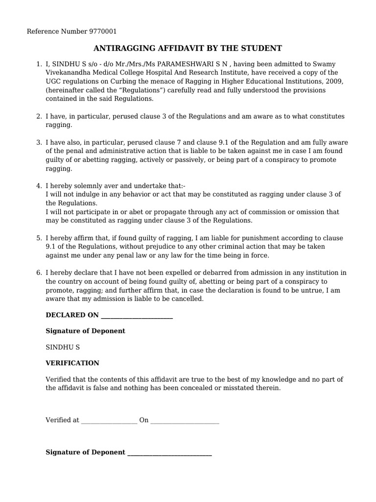 Anti Ragging Affidavit Form | PDF | Affidavit