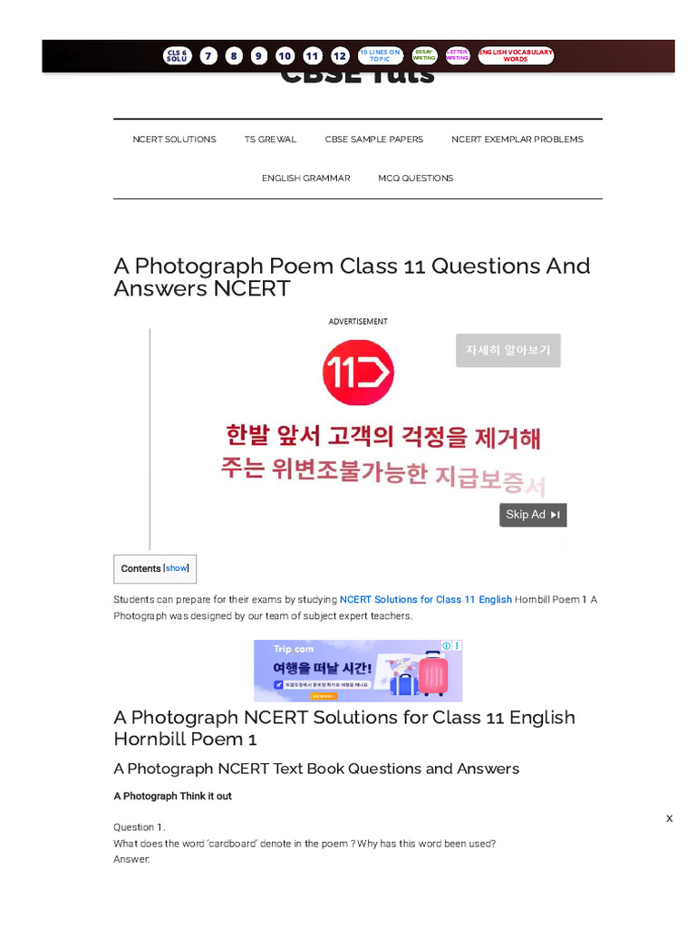 WWW Cbsetuts Com Ncert Solutions For Class 11 English Hornbill Poem 1 ...