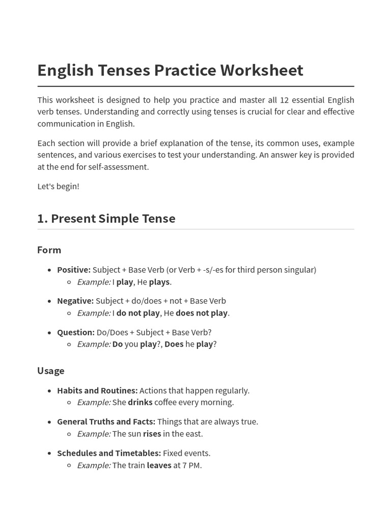 English Tenses Worksheet | PDF | Perfect (Grammar) | Subject (Grammar)