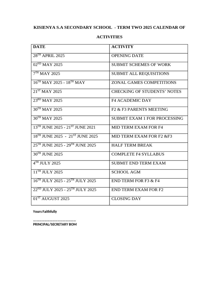 Kisiya S.A. School Term 2 Calendar 2025 | PDF