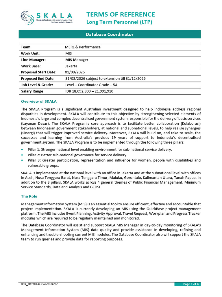 TOR Database Coordinator | PDF | Recruitment | Employment