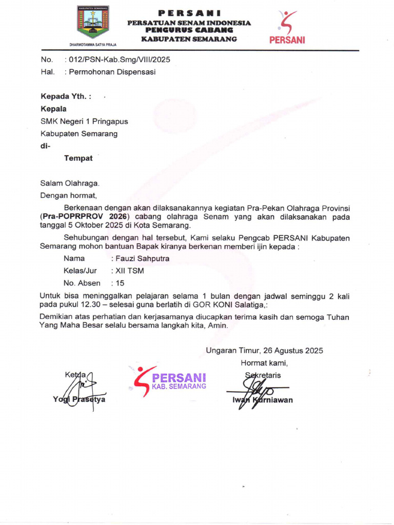 Surat Dispen Pra Porprov | PDF