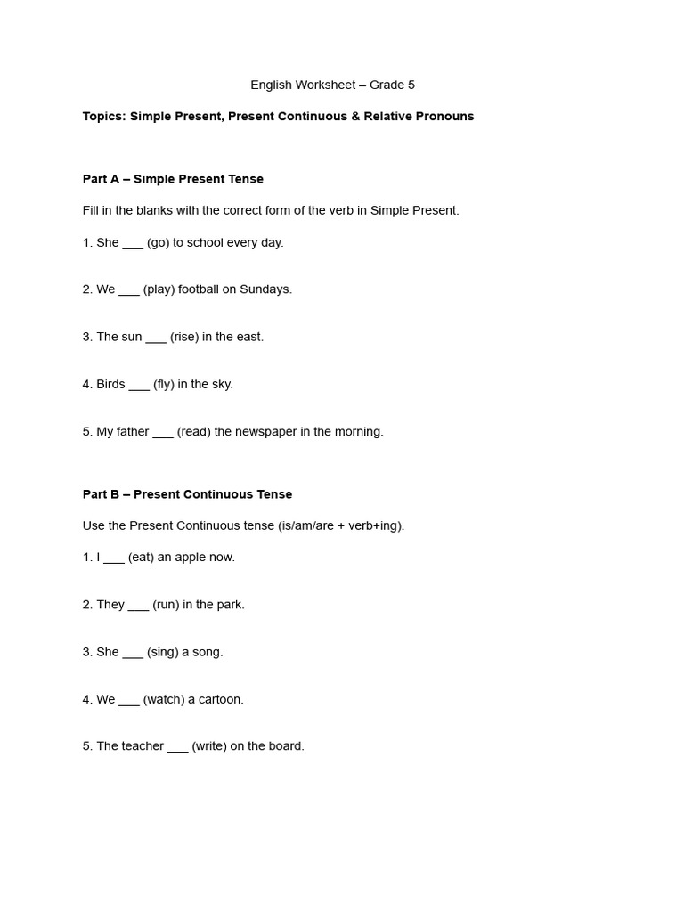 Grade 5 English Tenses Worksheet | PDF