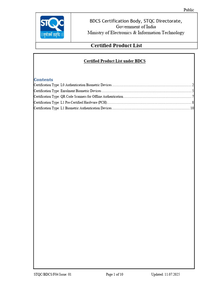 Certified Product List Under BDCS | PDF | Authentication | Biometrics