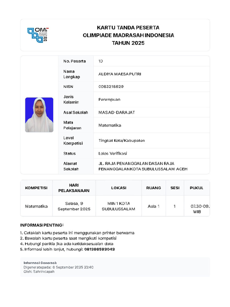 Kartu Peserta Aldiya Maesa Putri 2025 09 06 | PDF