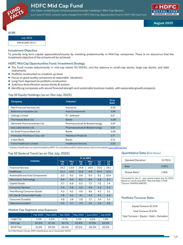 HDFC Mid Cap Fund Factsheet August 2025 | PDF | Investing | Beta (Finance)
