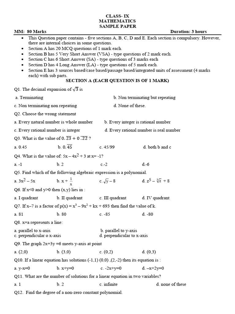 Class IX Mathematics Sample Paper | PDF | Triangle | Numbers