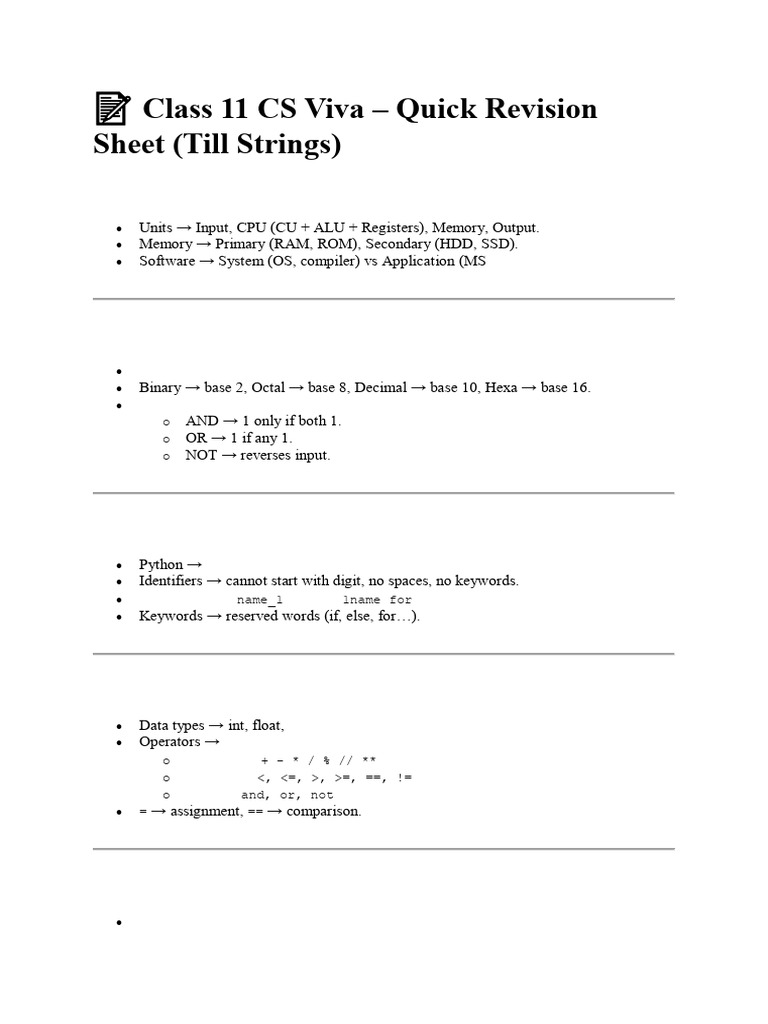 Class 11 CS Viva Quick Revision Guide | PDF | Boolean Data Type ...