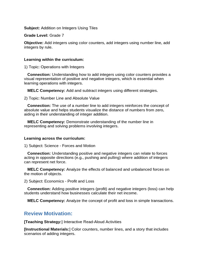 Lesson - Plan - Addition On Integers Using Tiles | PDF | Behavior ...