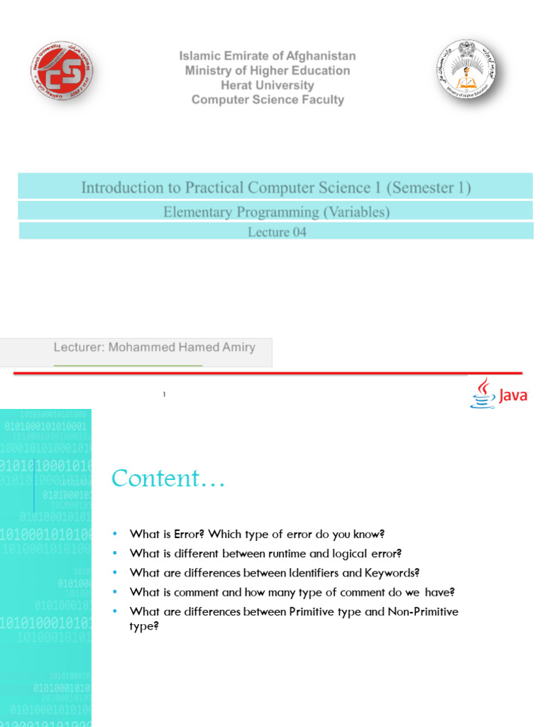 Lecture 4 - Elementary Programming (Variables) | PDF | Variable (Computer Science) | Scope ...