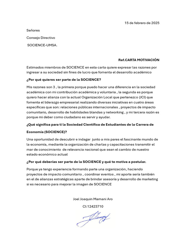 Comparto 'Carta Motivación Joel Mamani Aro' Con Usted - Joaquin Aro | PDF