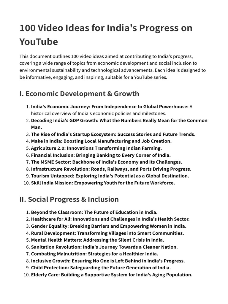 100 YouTube Ideas for India's Growth | PDF | Sustainability | Governance
