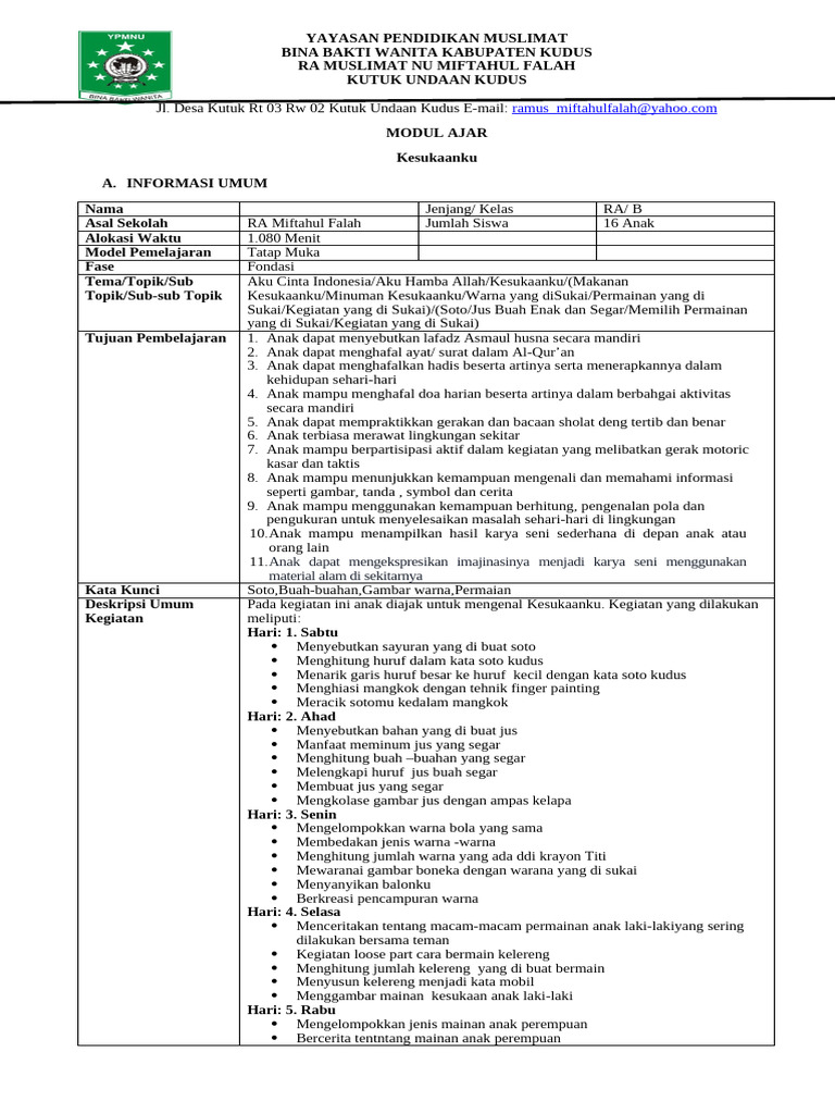 Modul Ajar&RPP Kesukaanku | PDF