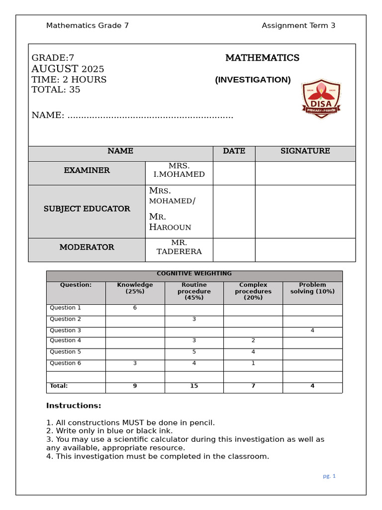 Grade 7 Maths Invest. Term 3 2025 | PDF | Mathematics | Geometry