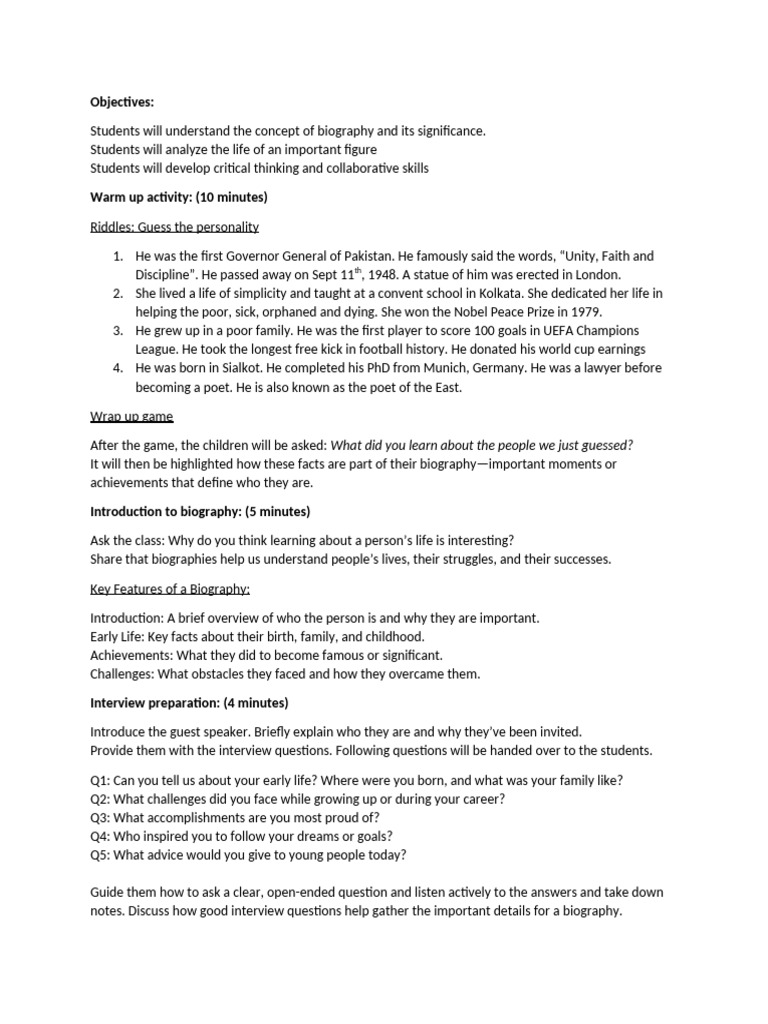 Biography Lesson Plan for Students | PDF