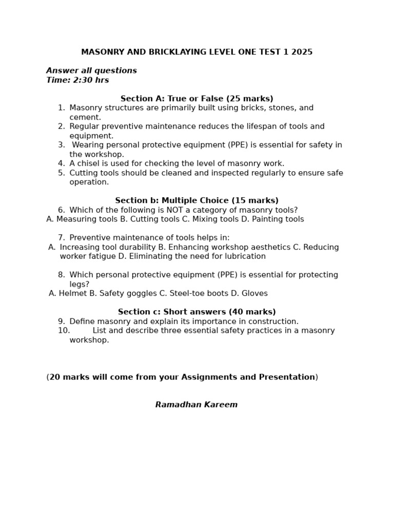 Masonry and Bricklaying Level One Test 1 2025 | PDF | Personal ...