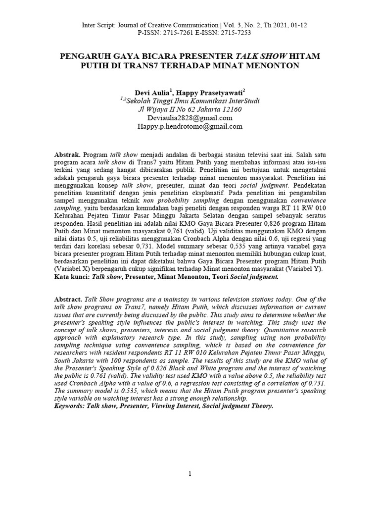 Pengaruh Gaya Bicara Presenter Hitam Putih Di Trans7 Terhadap Minat Menonton | PDF