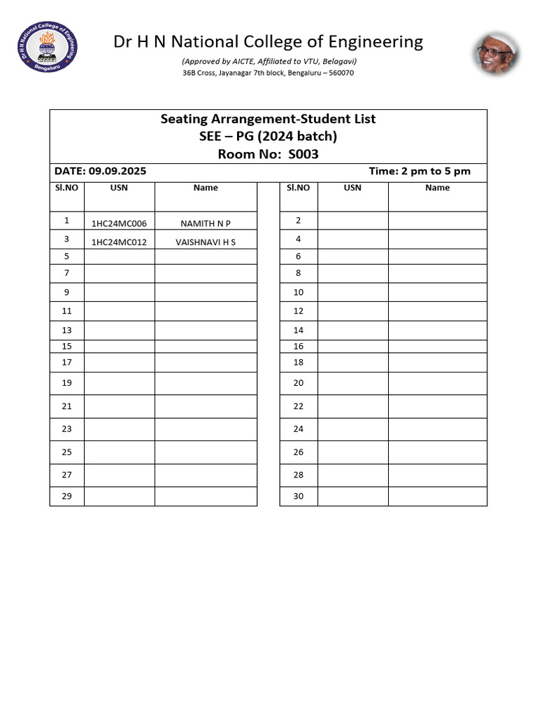 9th September 2025 - Afternoon Session - Seating Allotment | PDF