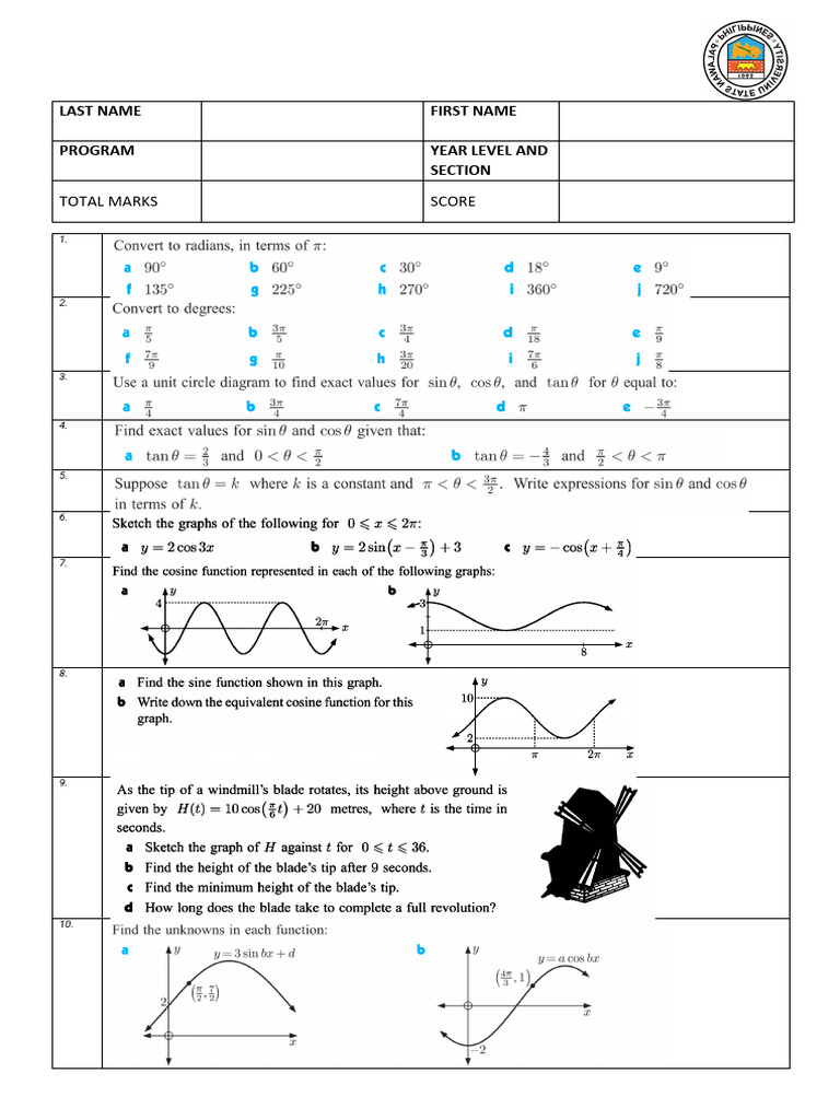 Trigonometry Quiz 1 | PDF