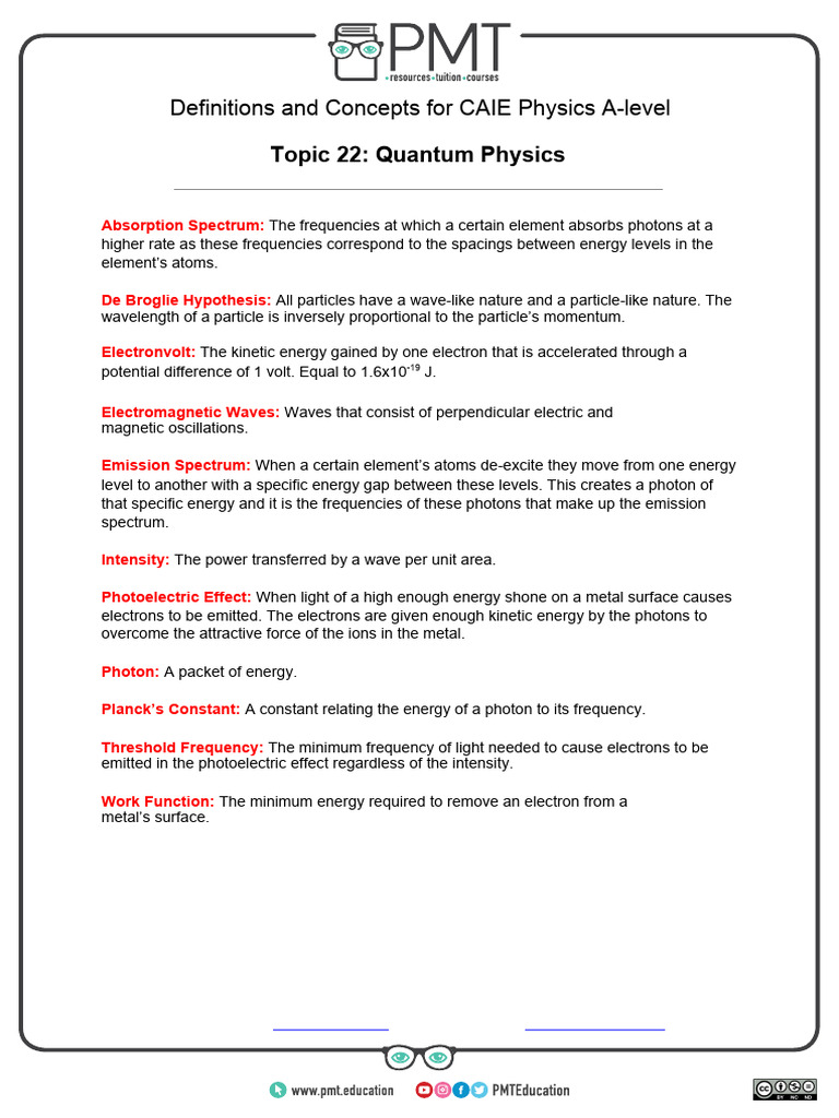 Definitions - Topic 22 Quantum Physics - CAIE Physics A-Level | PDF
