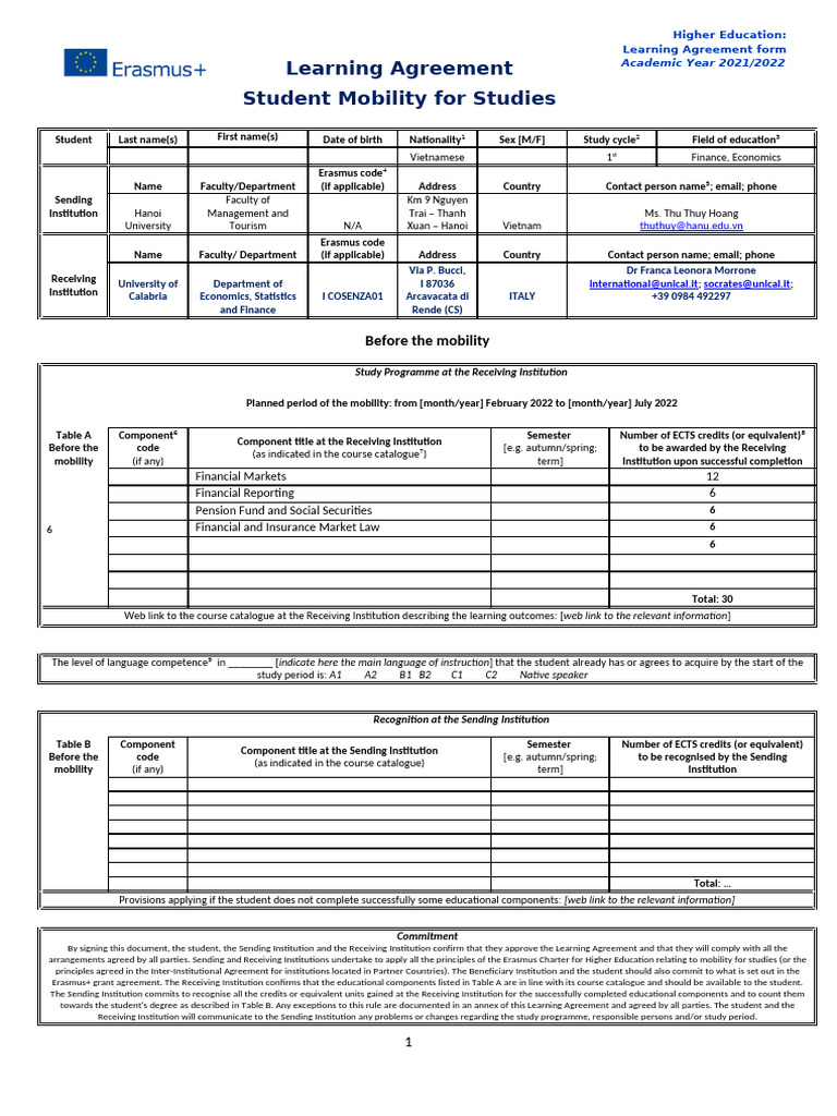 Mẫu Learning Agreement UNICAL | PDF | Academic Degree | Educational Stages