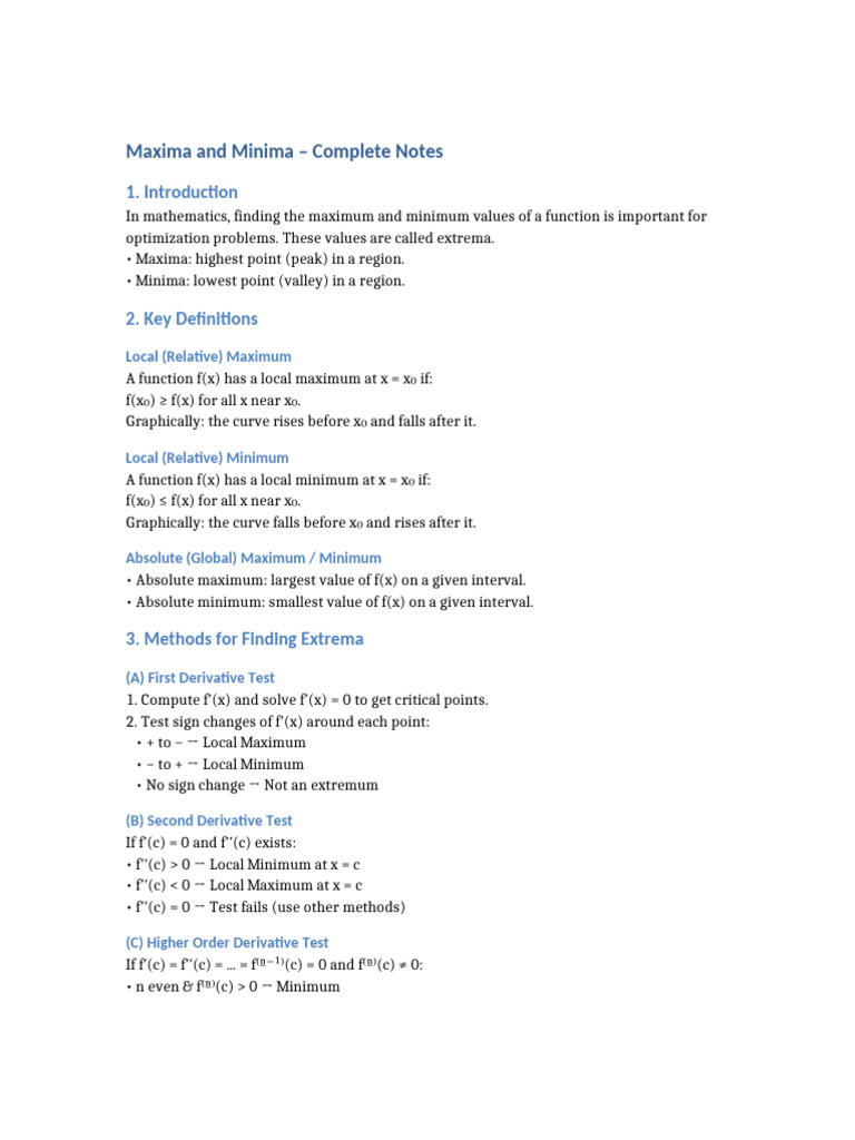 Maxima and Minima Class 12 Notes | PDF | Mathematics Of Computing ...